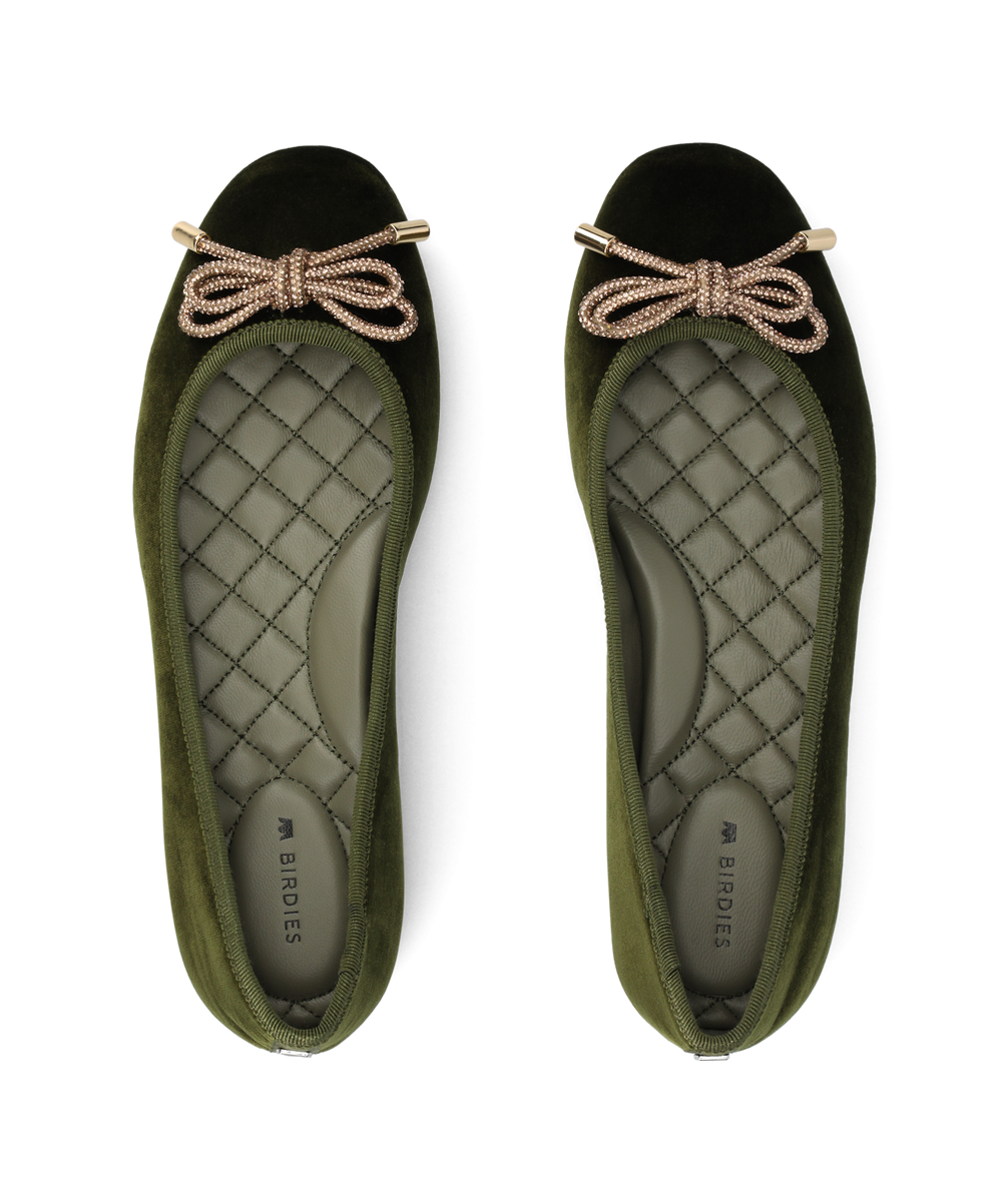 The Hummingbird | Green Velvet Jeweled Bow | Women's Ballet Flats | Birdies
